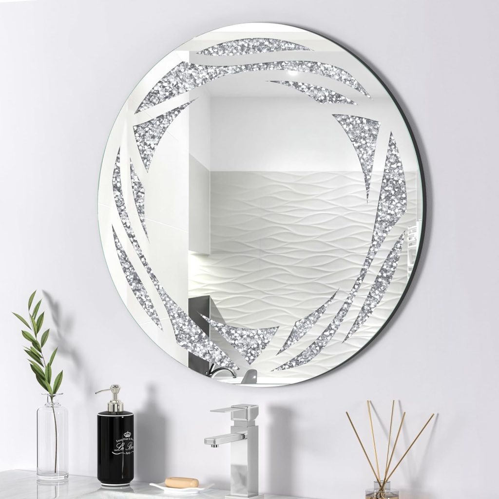 Crystal Crush - Diamond Round Silver Mirror Wall Art - Home Wall Art Decor
