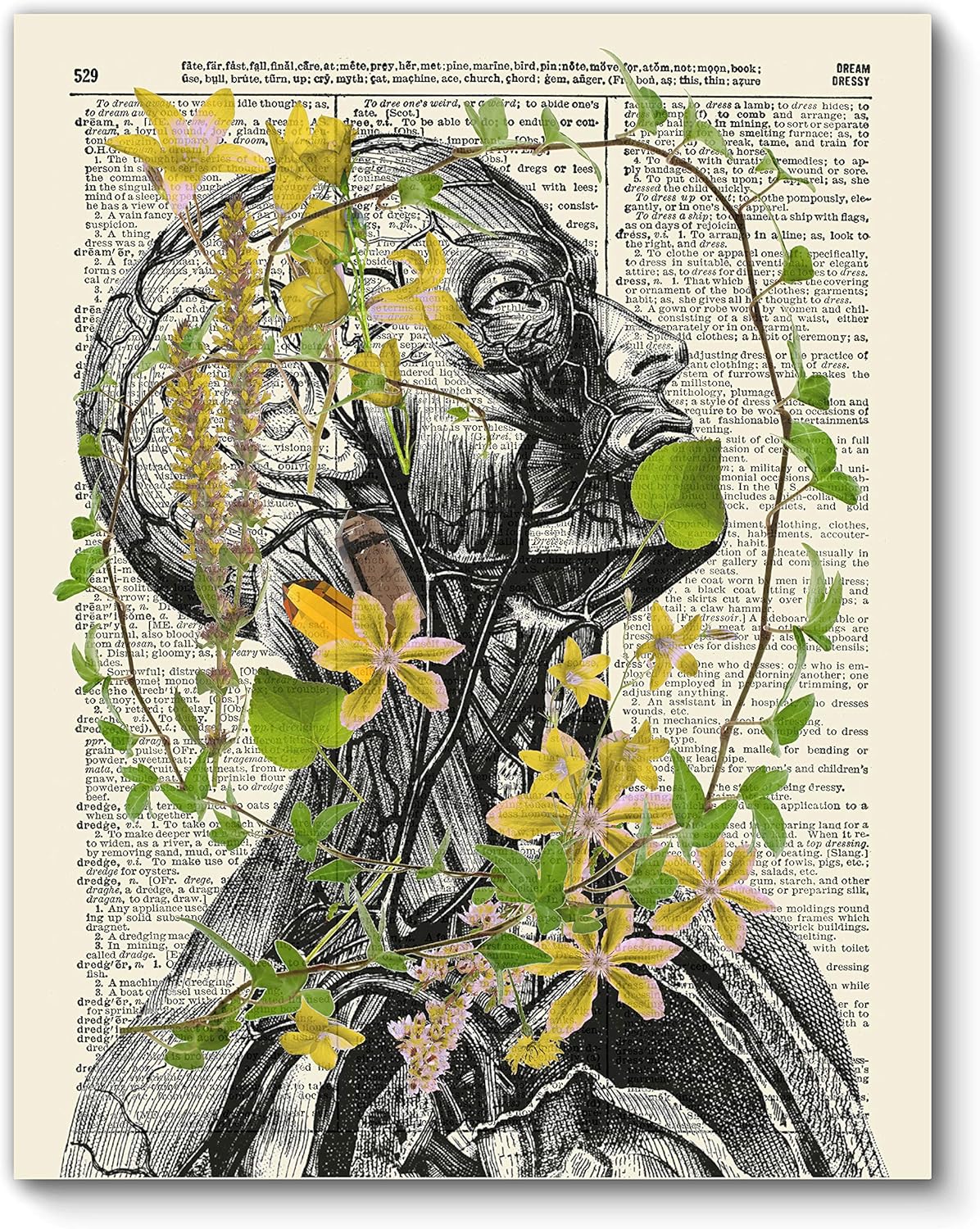 Cute Vintage Dictionary Wall Art: Anatomy with Yellow Flowers, Crystals ...