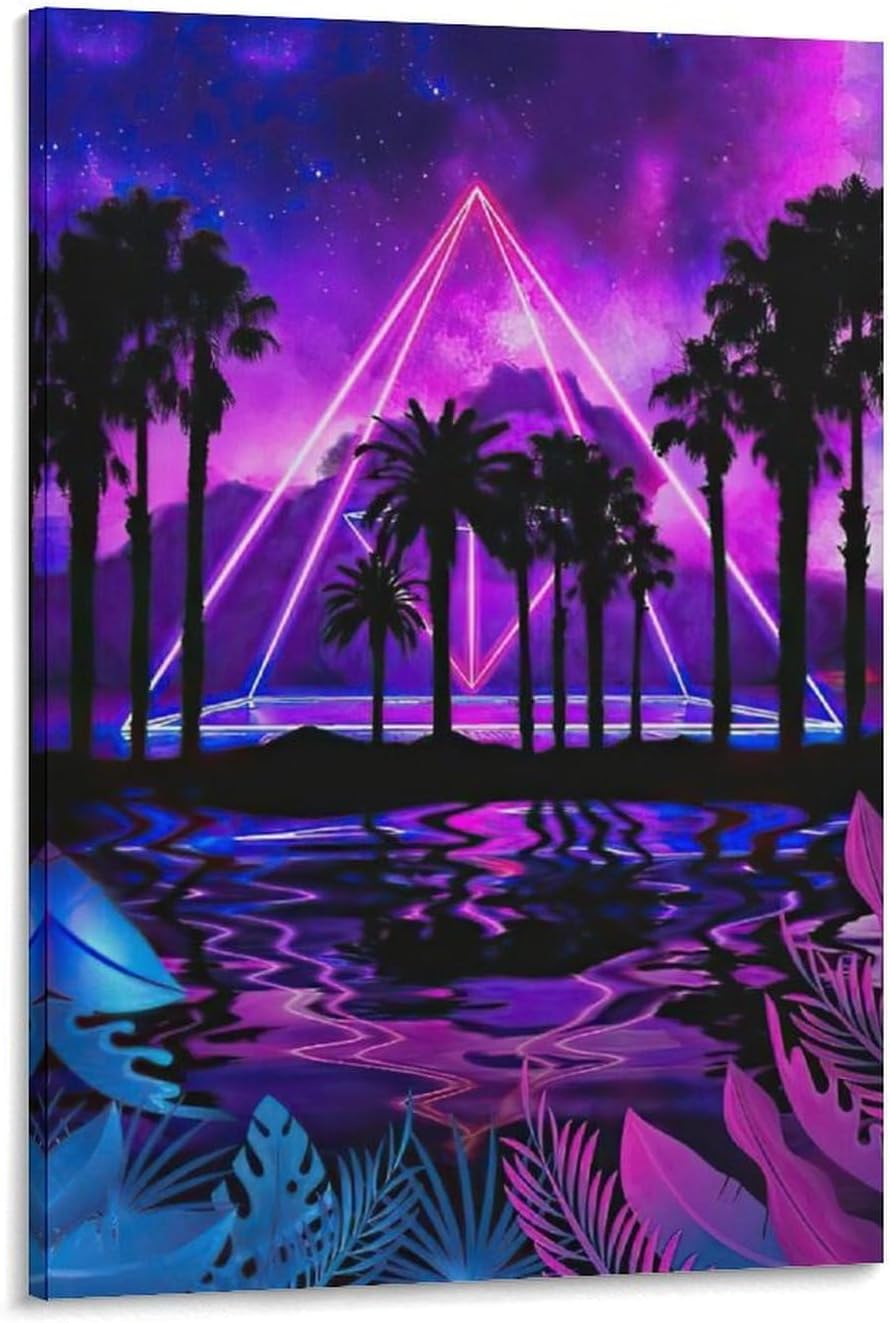 Bright Pyramid Cyberpunk Wall Art featuring Neon Palms Landscape ...