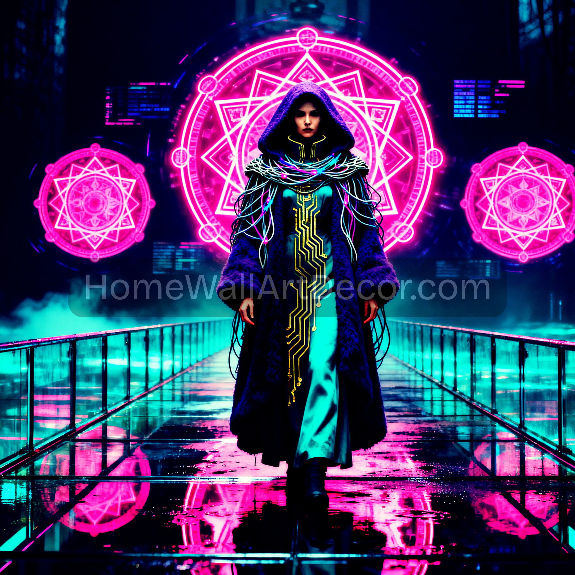 Mysterious Cyberpunk Witch Wall Art | Neon Sacred Geometry | Digital ...