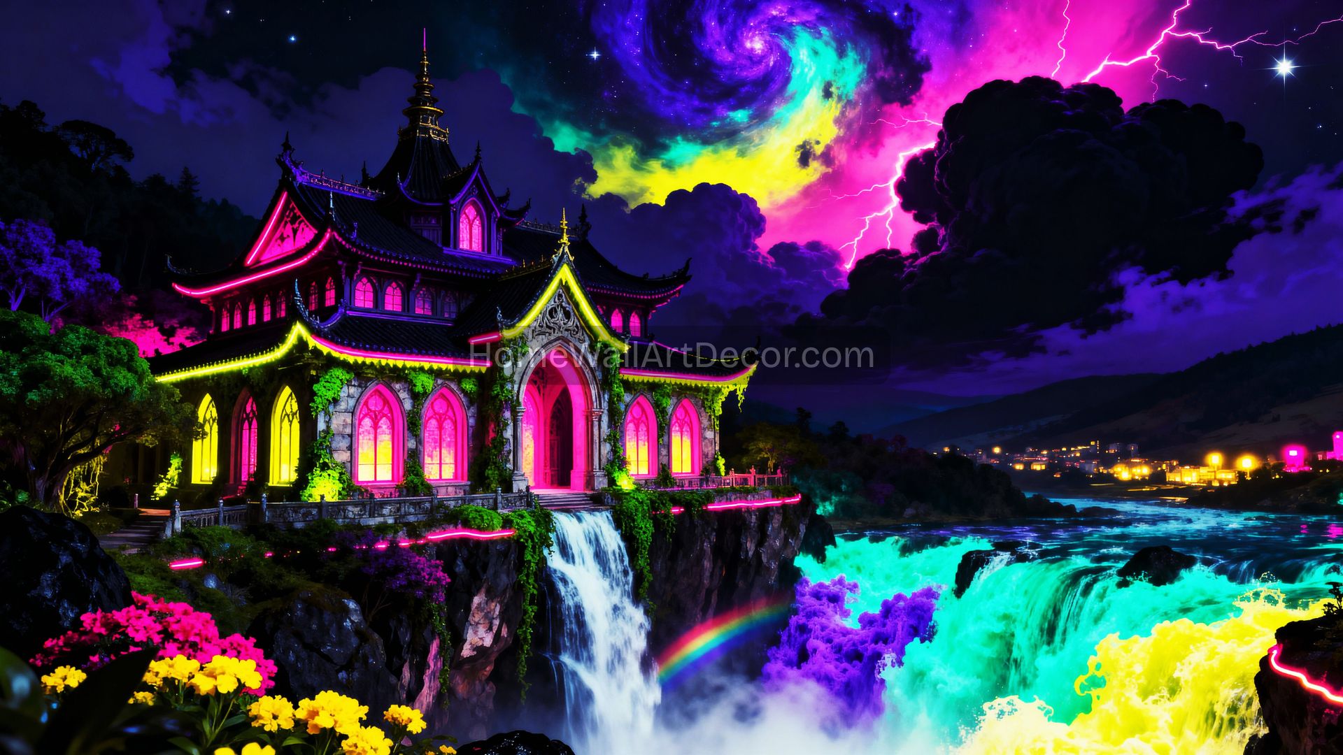 Otherworldly Beautiful Neon Temple Waterfall Art | Psychedelic Cosmic ...